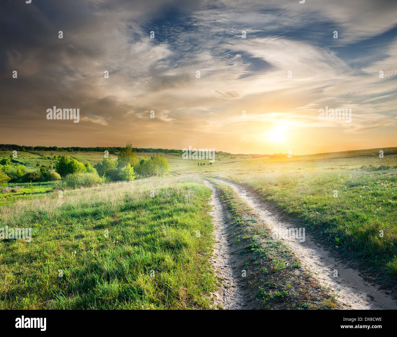 Green field road blue hi-res stock photography and images - Alamy