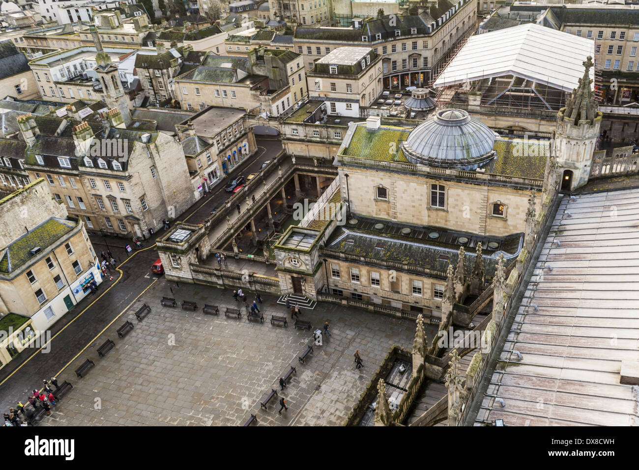 Looking down on The Roman Baths complex and Grand Pump Room, a site of ...