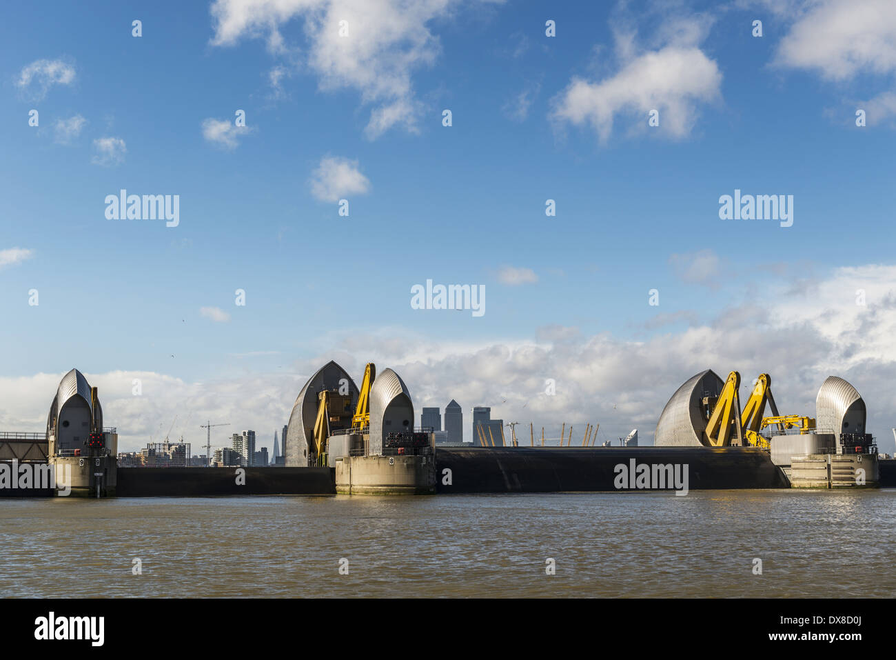 Shown here in the raised position, the Thames Barrier is located ...