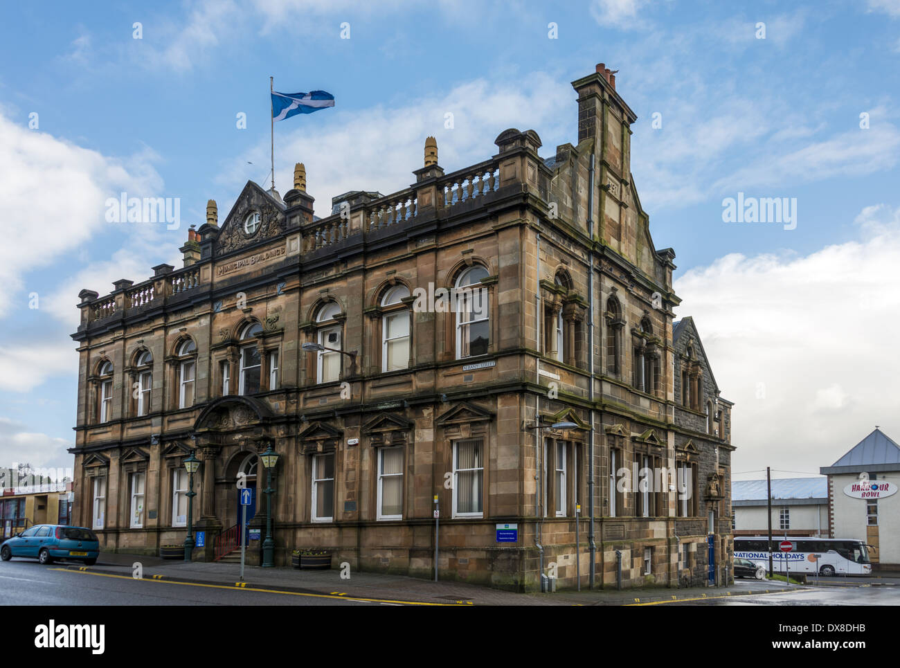 The Municipal Building in Oban flying the Scottish flag. Oban is a ...