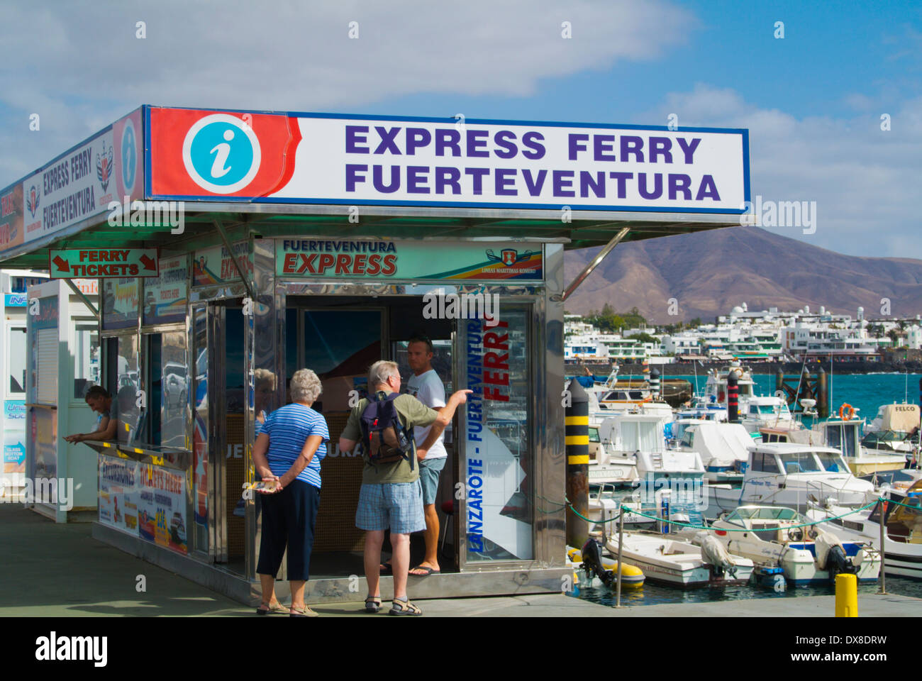 Booth selling ferry tickets to Fuerteventura, Marina port area, Playa ...