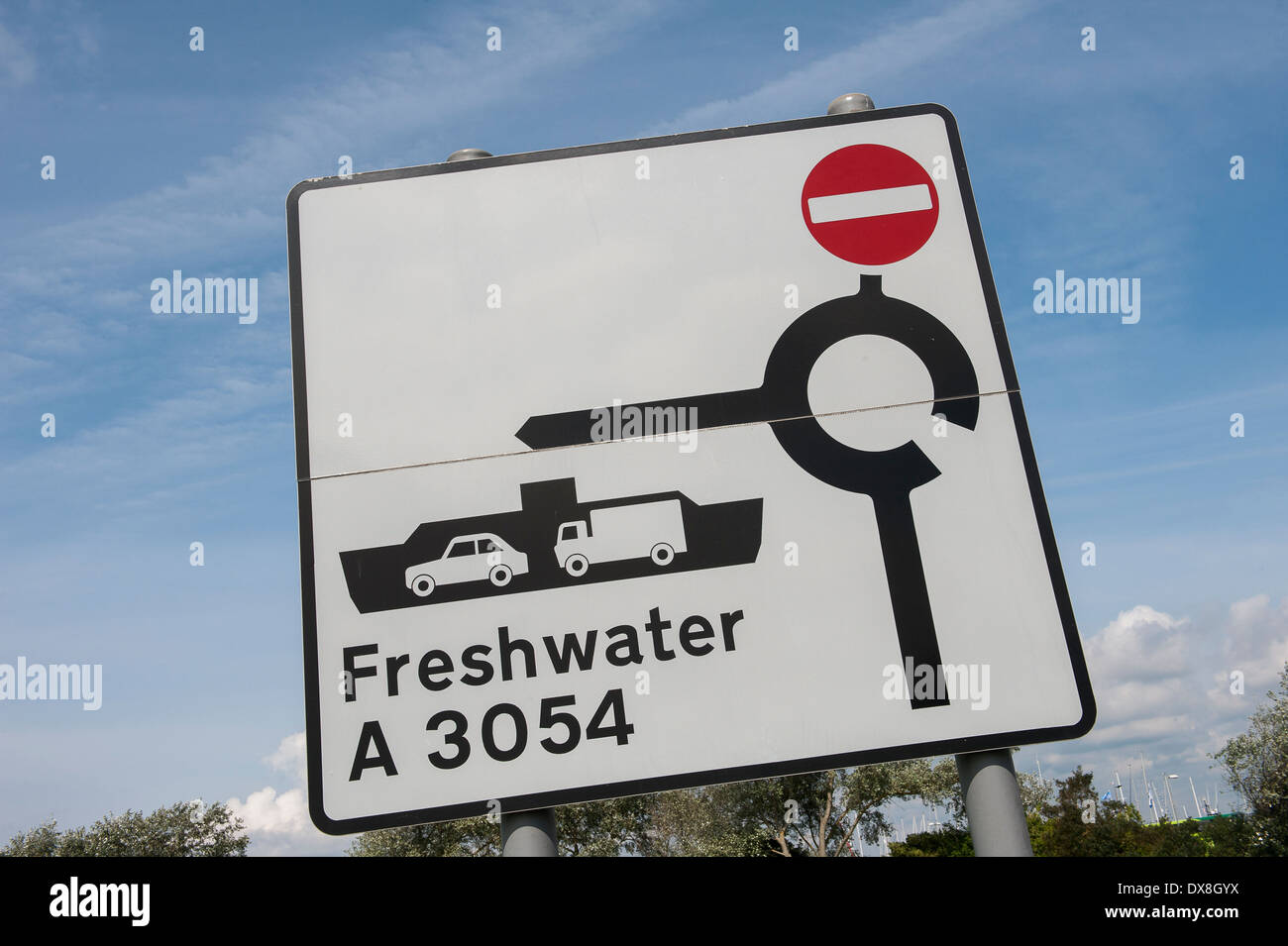 Road sign on the Isle of Wight showing the way to the Freshwater car ...