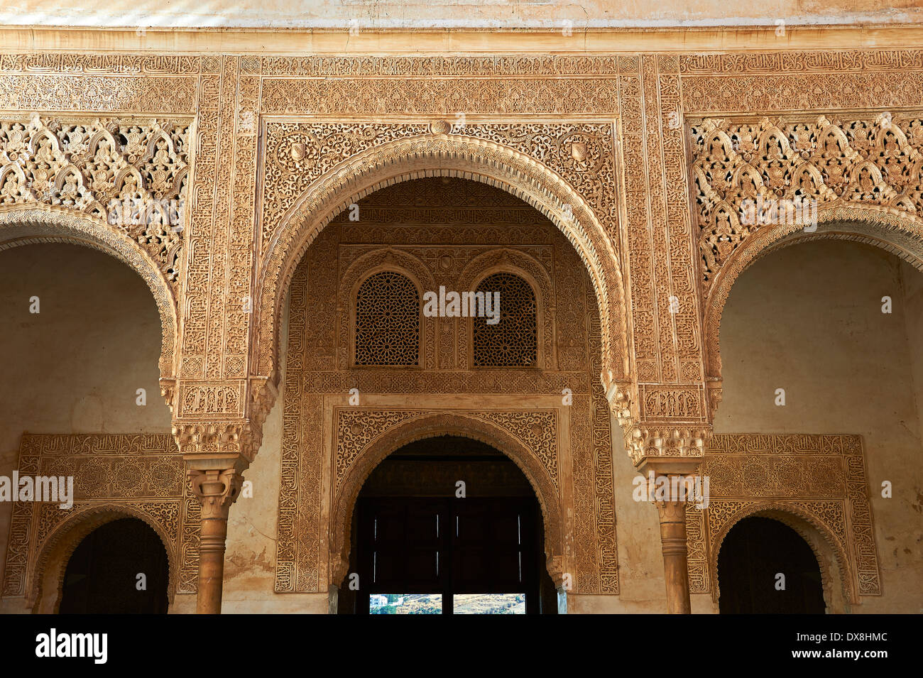 Nasrid mocarabe Arab pillars and capitals in the inner courtyard of the ...