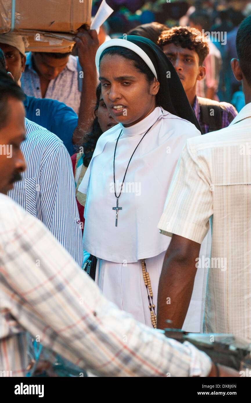 South Southern India Kerala Cochin Kochi street market street scene nun ...