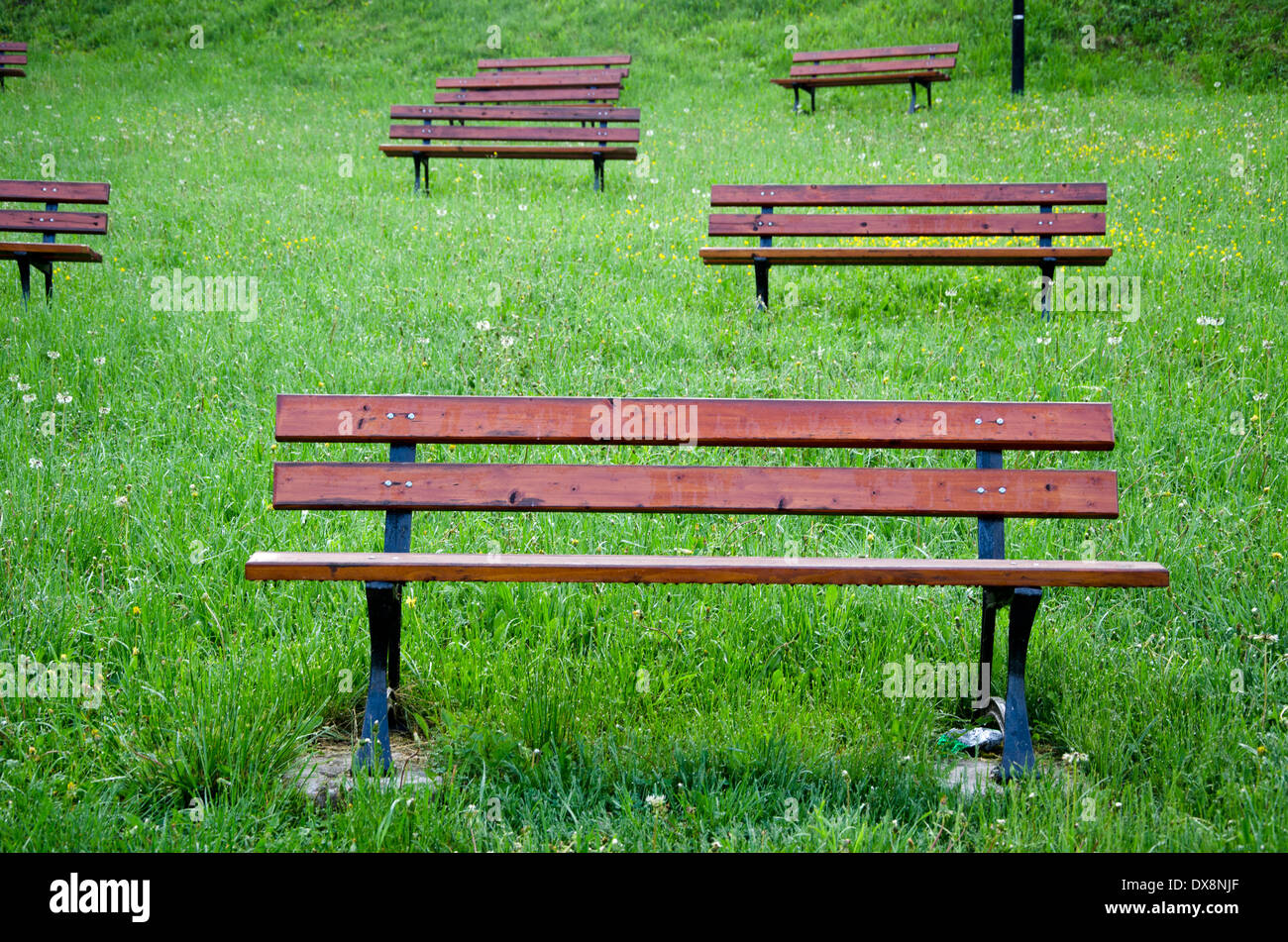 wooden benches group on grass in park Stock Photo - Alamy