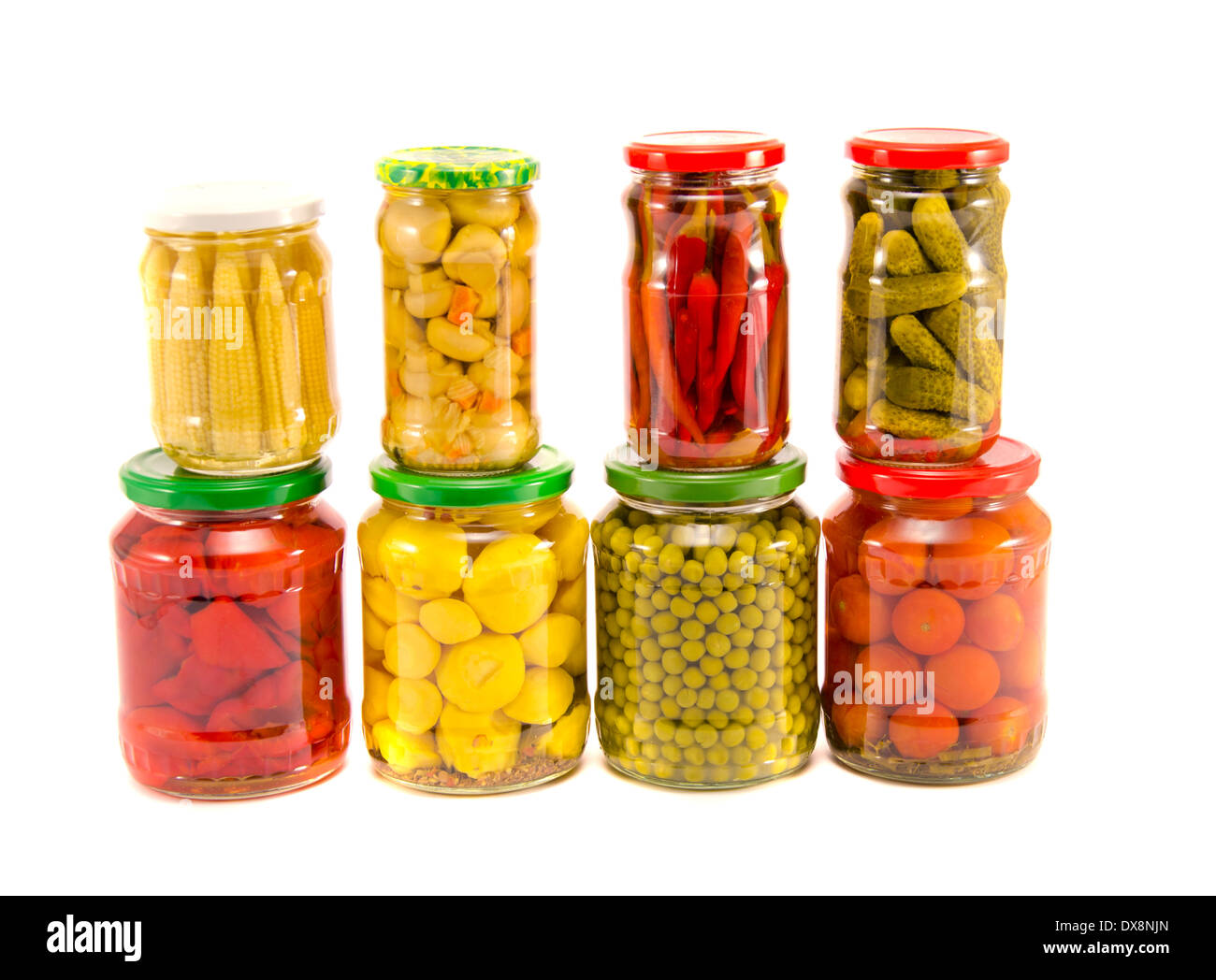 collection various canned vegetables in glass jars isolated on white ...