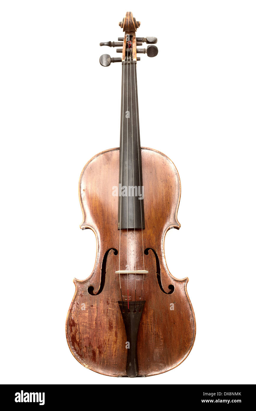 A closeup of the body of an old damaged violin isolated on white Stock ...