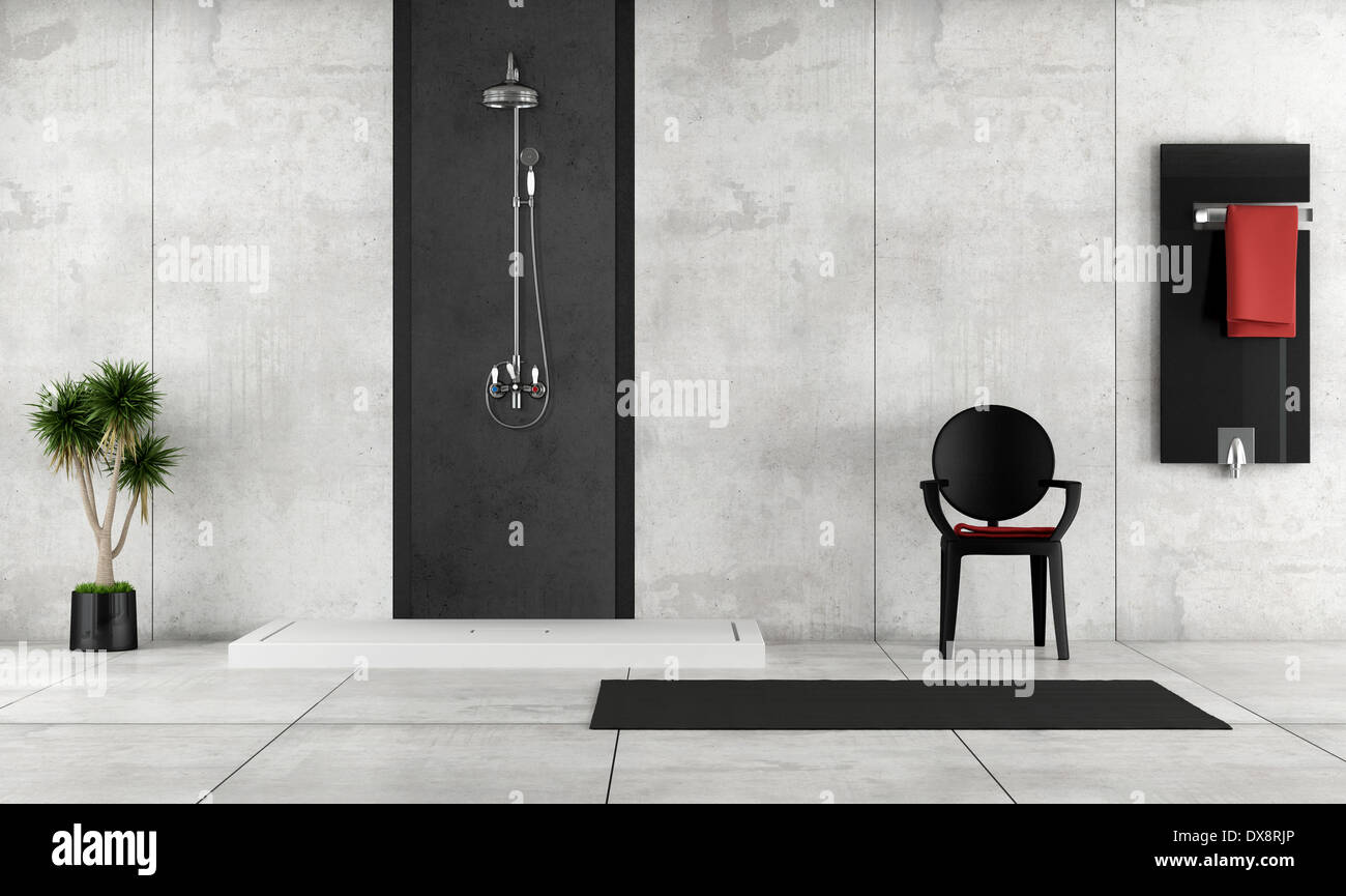 Minimalist bathroom with shower,radiator and chair - rendering Stock ...