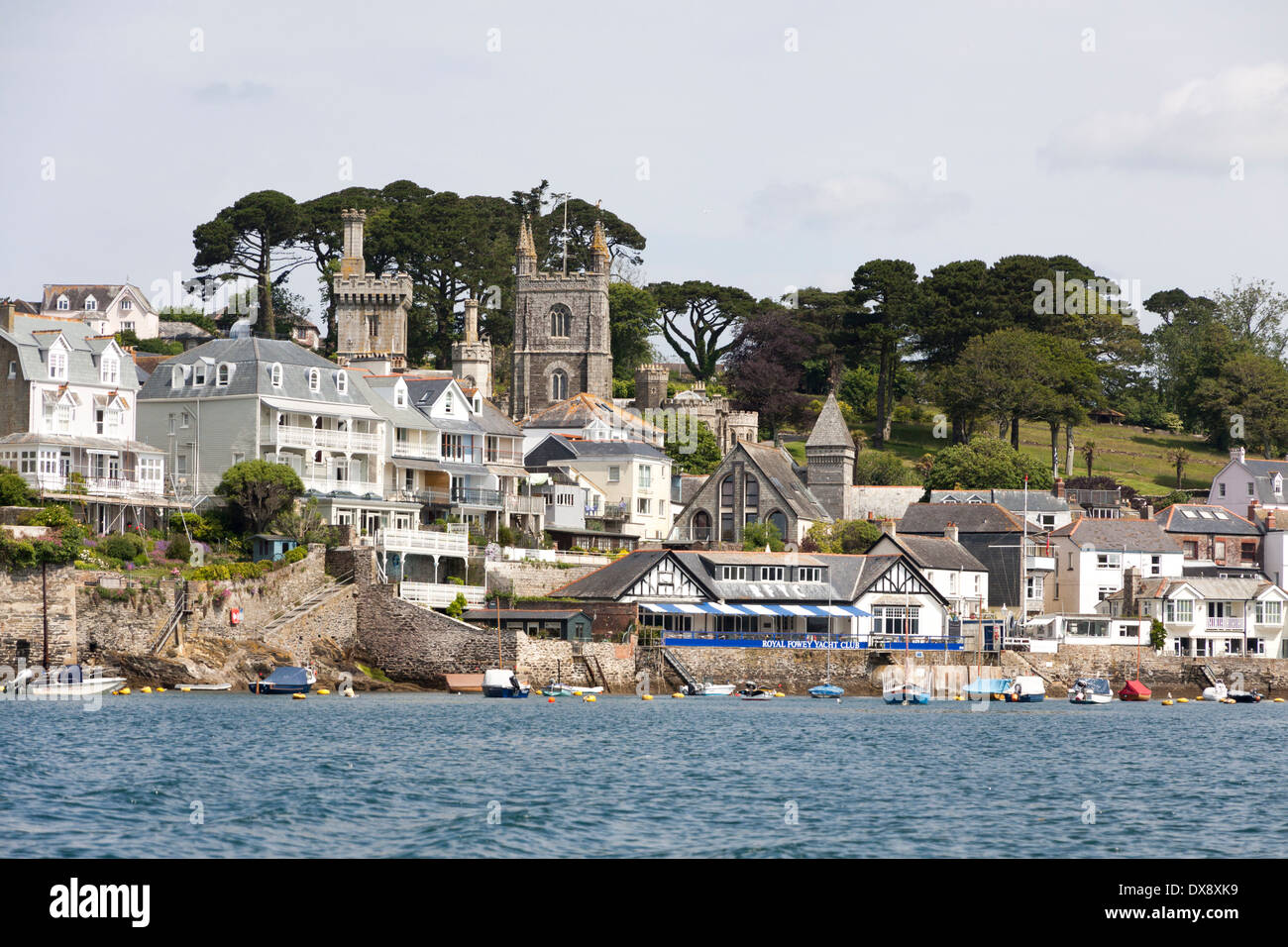 Fowey town centre viewed from the Polruan- Fowey ferry in Cornwall ...