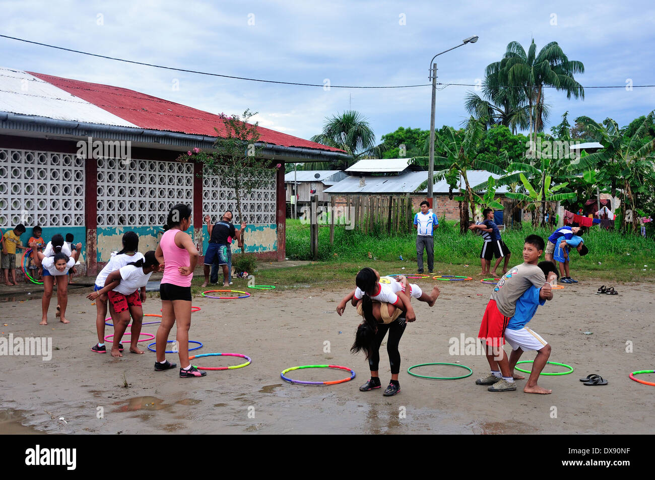 School - Main street in SANTA ROSA Island . Department of Loreto .PERU ...