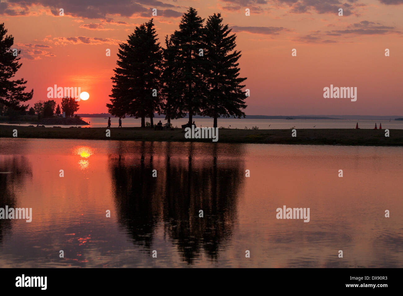 Pond trees reflection water sunset sky silhouette hi-res stock ...
