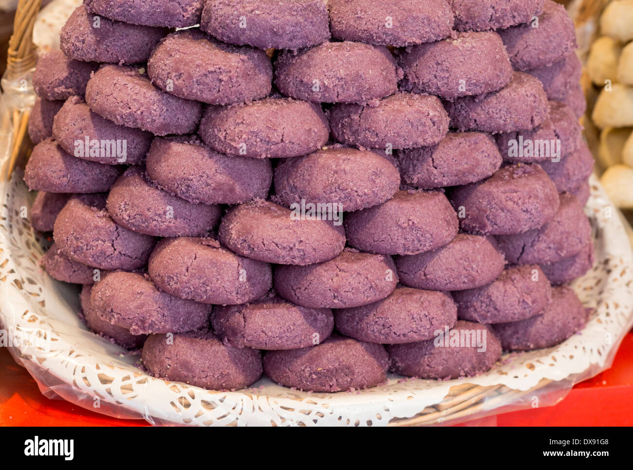 Purple Biscuit display. A display of purple coloured biscuits arranged ...