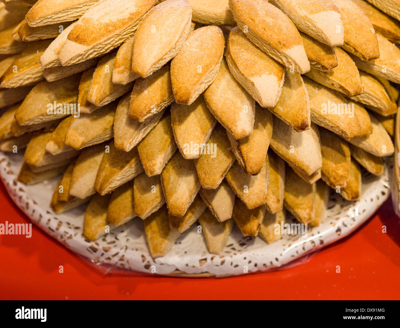 Biscuit display. A display of cut biscuits arranged artfully on a plate ...