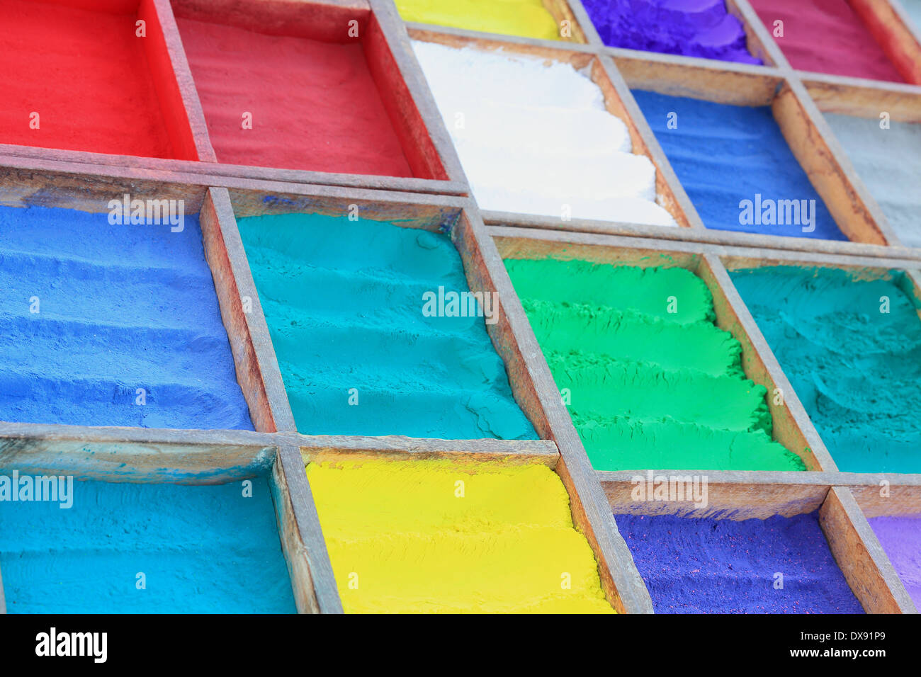 Many colored tika powder selling booth at the entrance to the ...