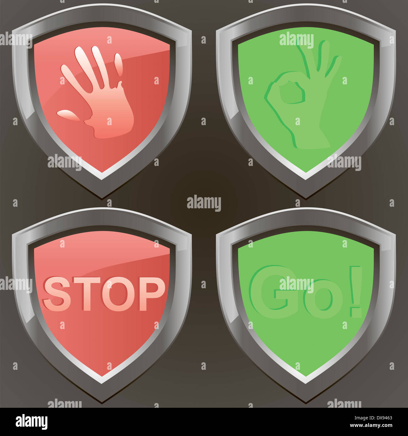 stop and go vector set whith cancel signal arm and ok sign. Four metal ...