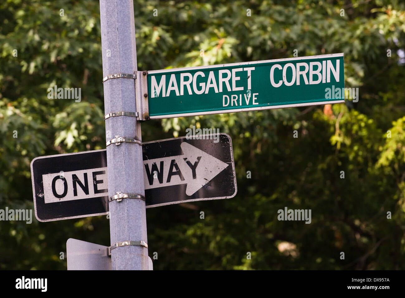 Margaret Corbin Drive street sign with One Way sign at the Cloisters in ...
