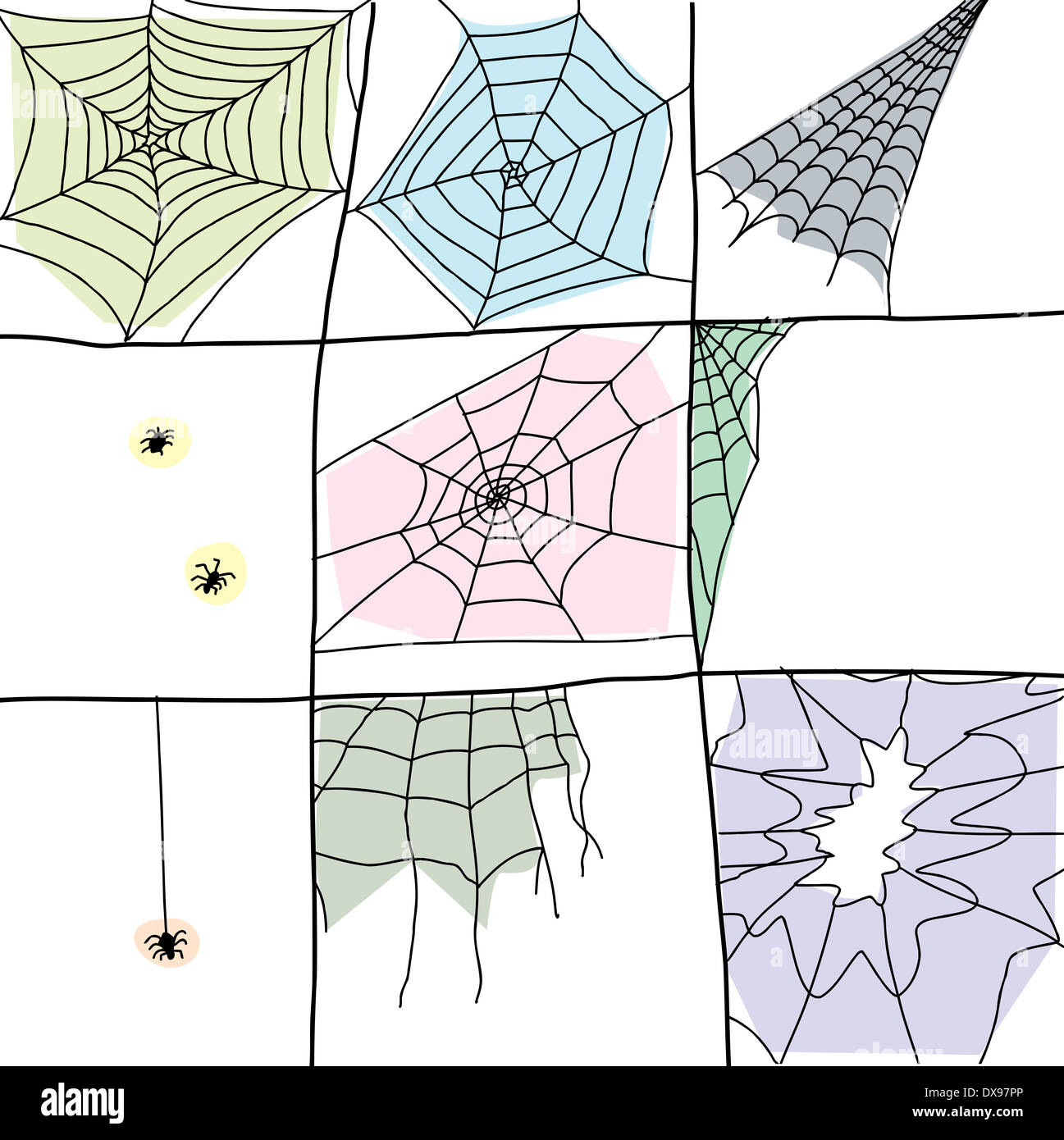 Cartoons of various spiders and webs on white background Stock Photo ...
