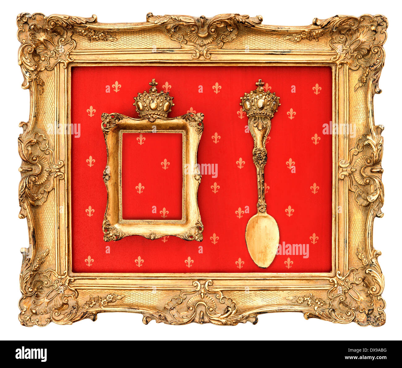 old golden frame with red background. beautiful vintage object Stock ...