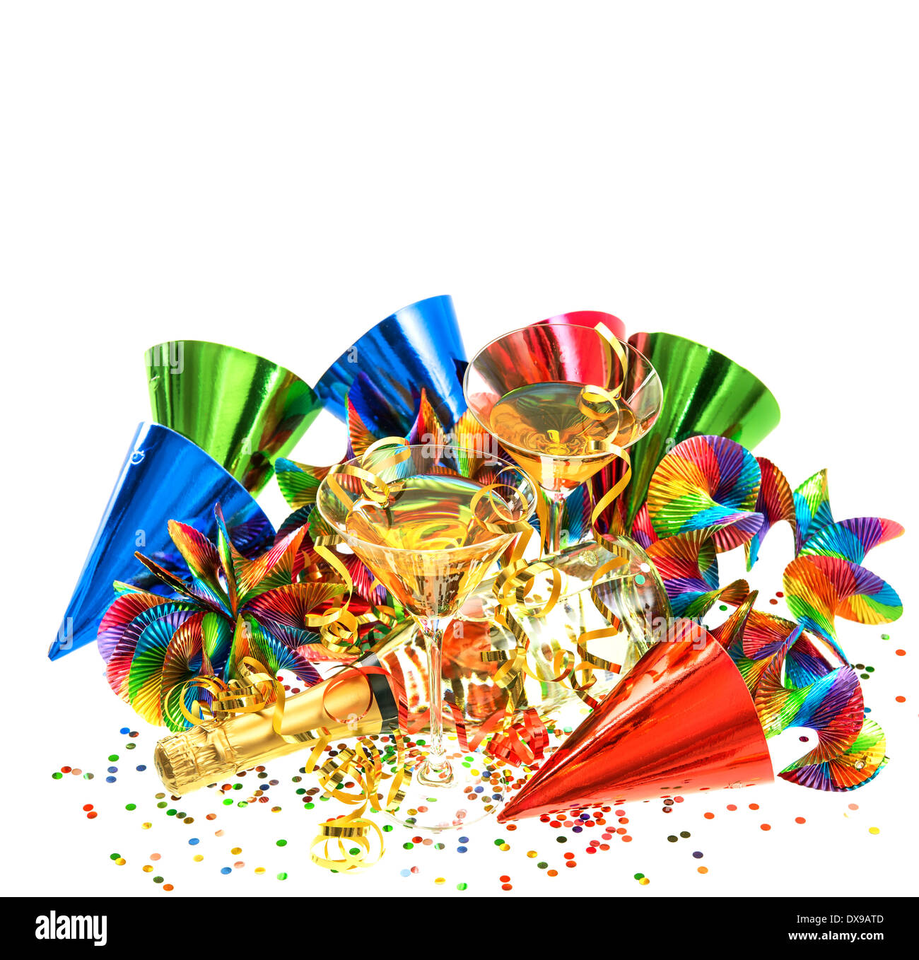 colorful party decoration with garlands, streamer, cracker, confetti ...