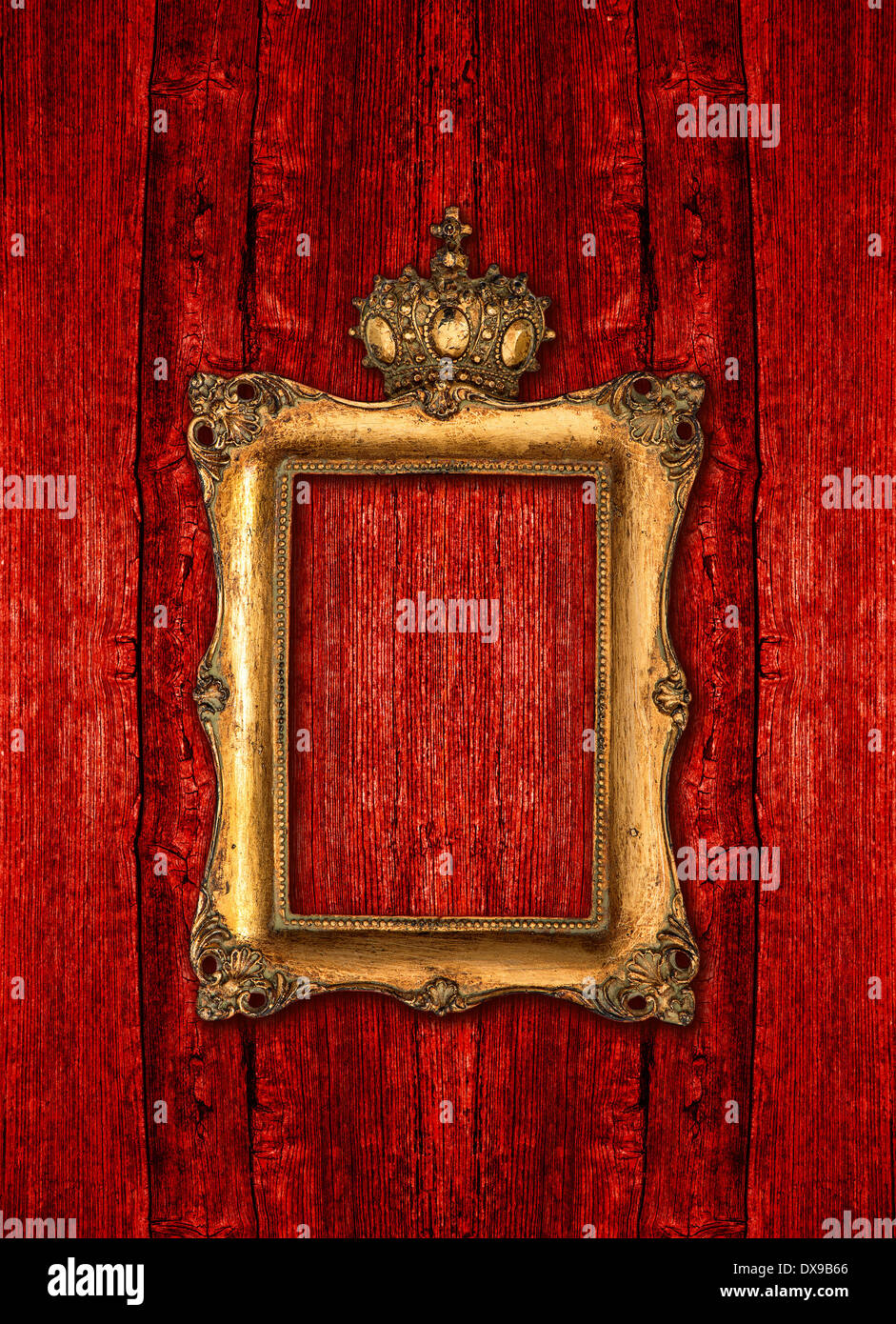 golden frame with crown over red rustic wooden background Stock Photo ...