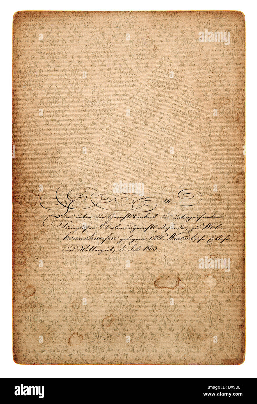 old vintage grunge paper sheet with pattern and antique text over white ...