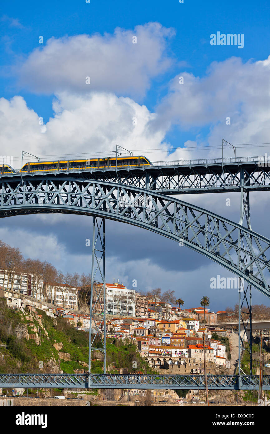 Metro Train on the Bridge of Dom Luiz in Porto. Vertical shot Stock ...