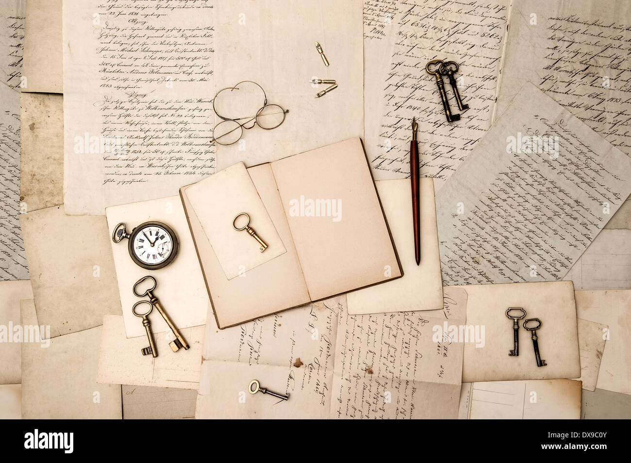 open book, vintage accessories, old letters and post cards. nostalgic ...