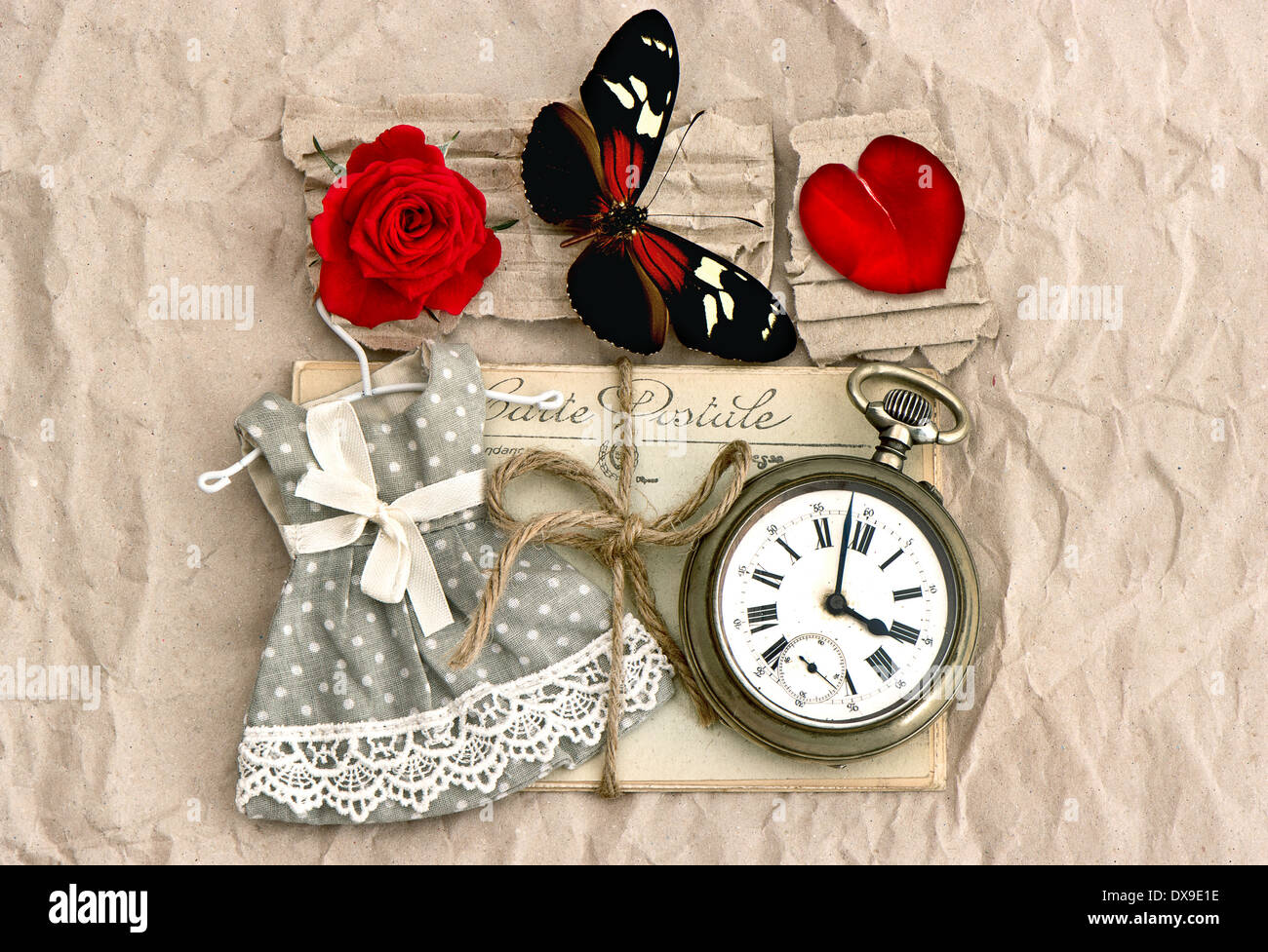 old love post cards and vintage clock, red rose flower, valentine heart ...