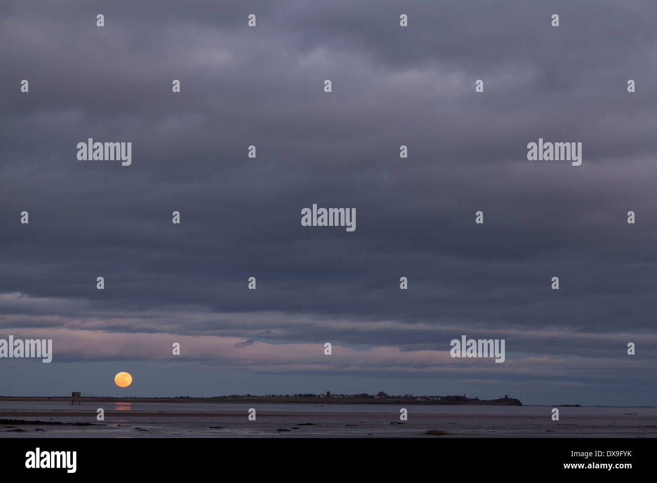 sunset rising spring moon rising over lindisfarne Stock Photo - Alamy