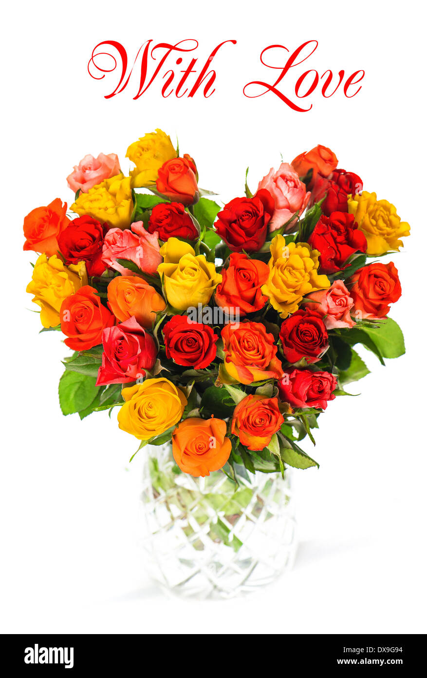 heart shaped bouquet of colorful assorted roses in a vase on white ...