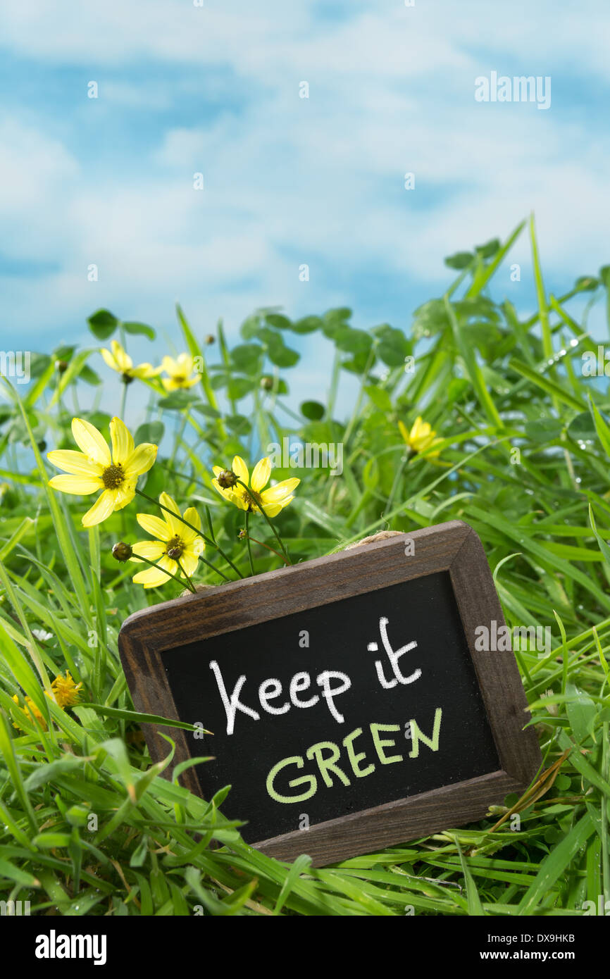 Small blackboard saying Keep It Green in a meadow with grass and clover ...