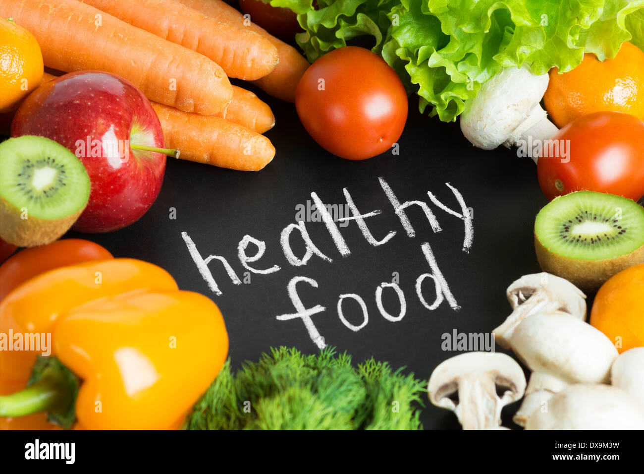 Healthy fresh food background. Collection of fruits and vegetables ...