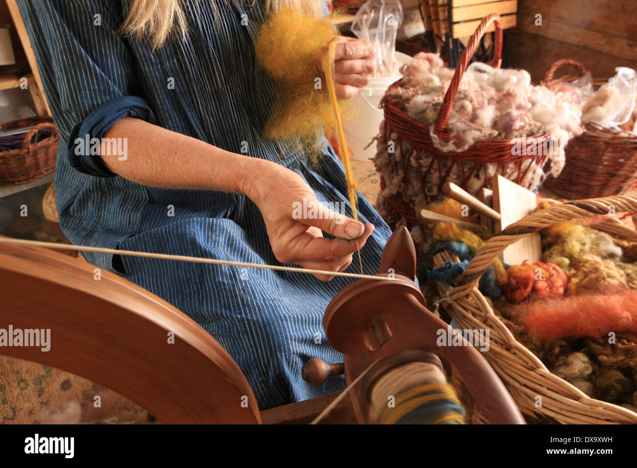 Jane Meredith,using a Spinning Wheel in her workshop, she runs courses ...