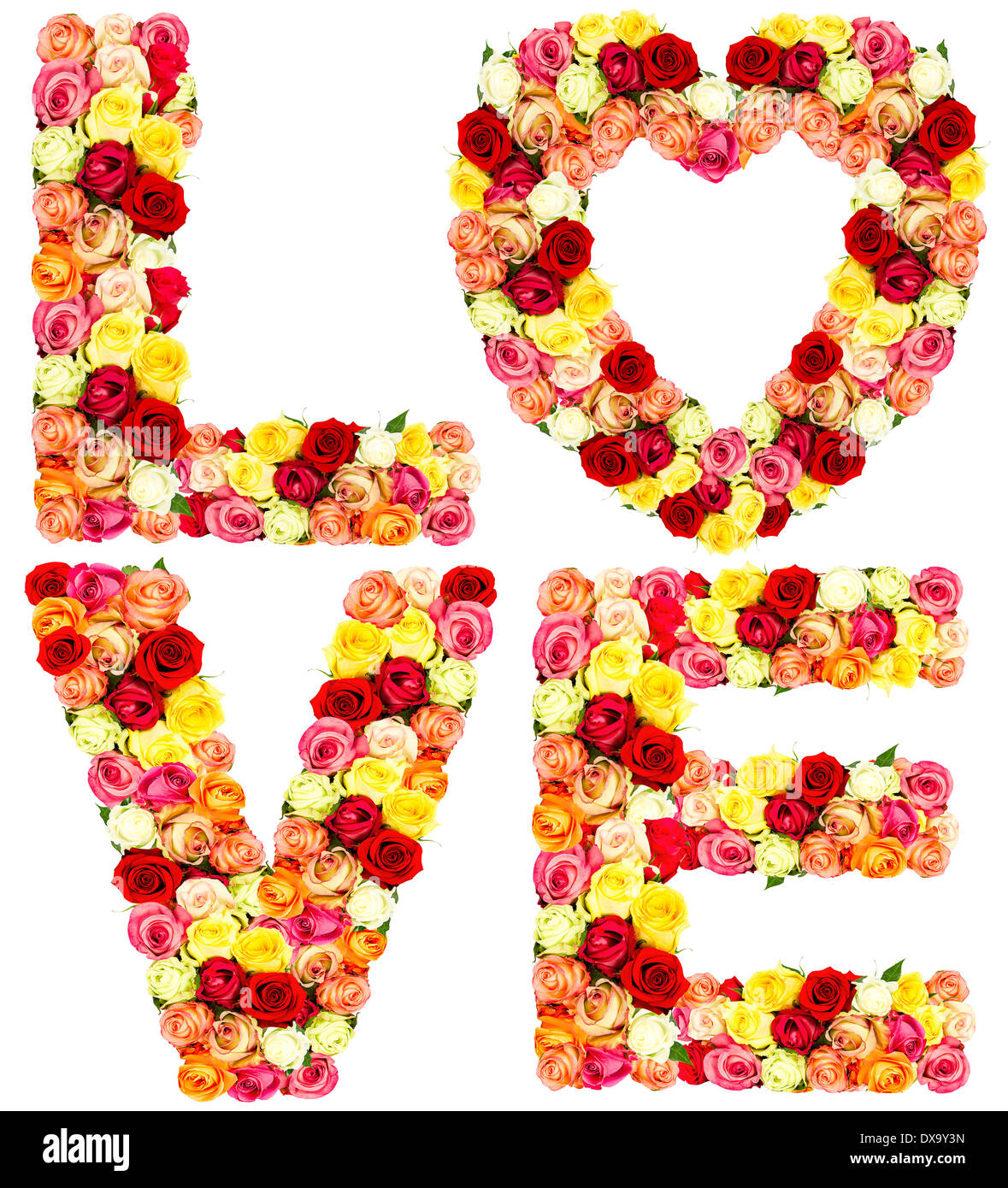 LOVE, roses flower letters isolated on white background. blooms heart ...