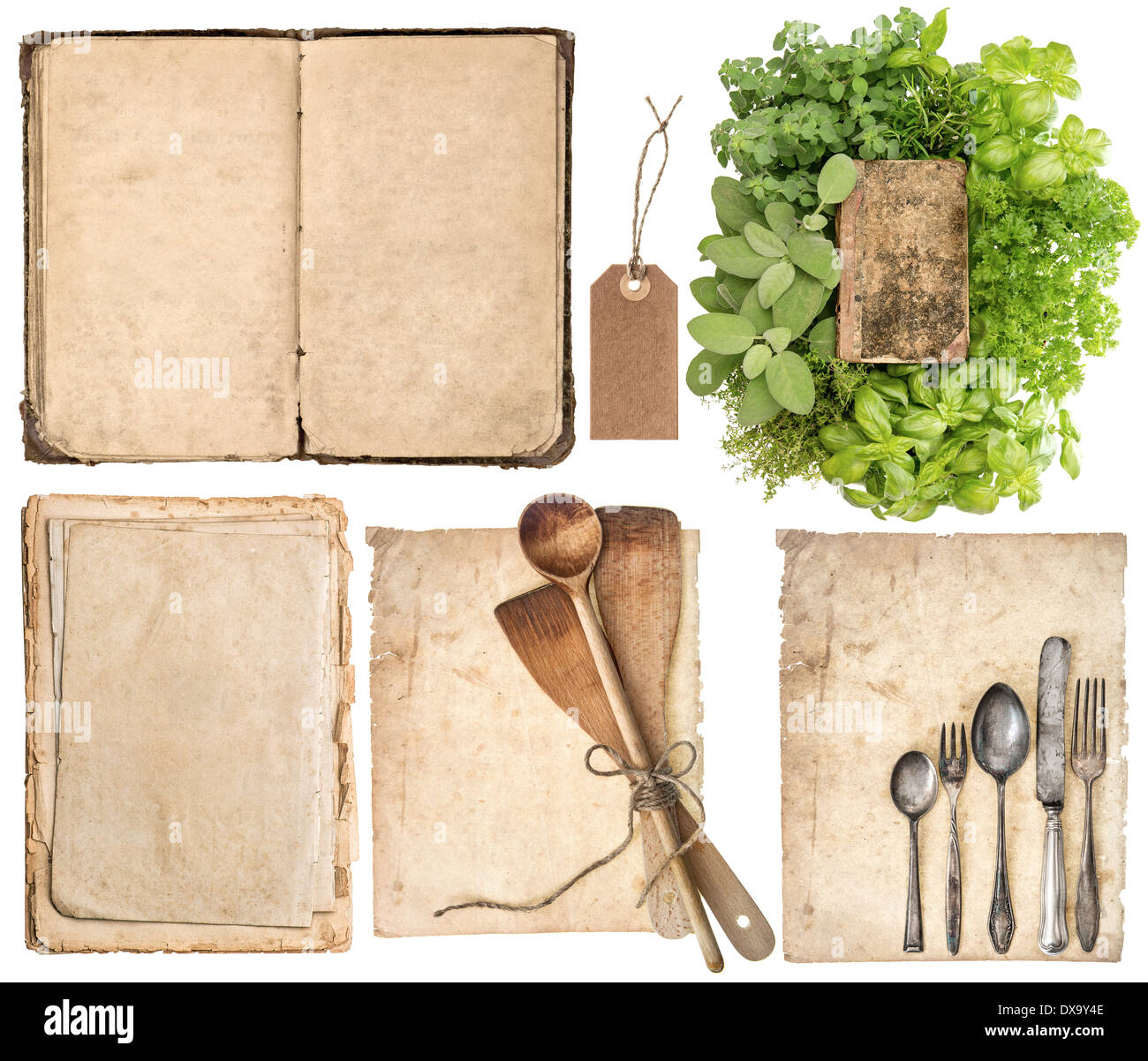 Antique wooden kitchen utensils, old cookbook, pages and herbs isolated ...