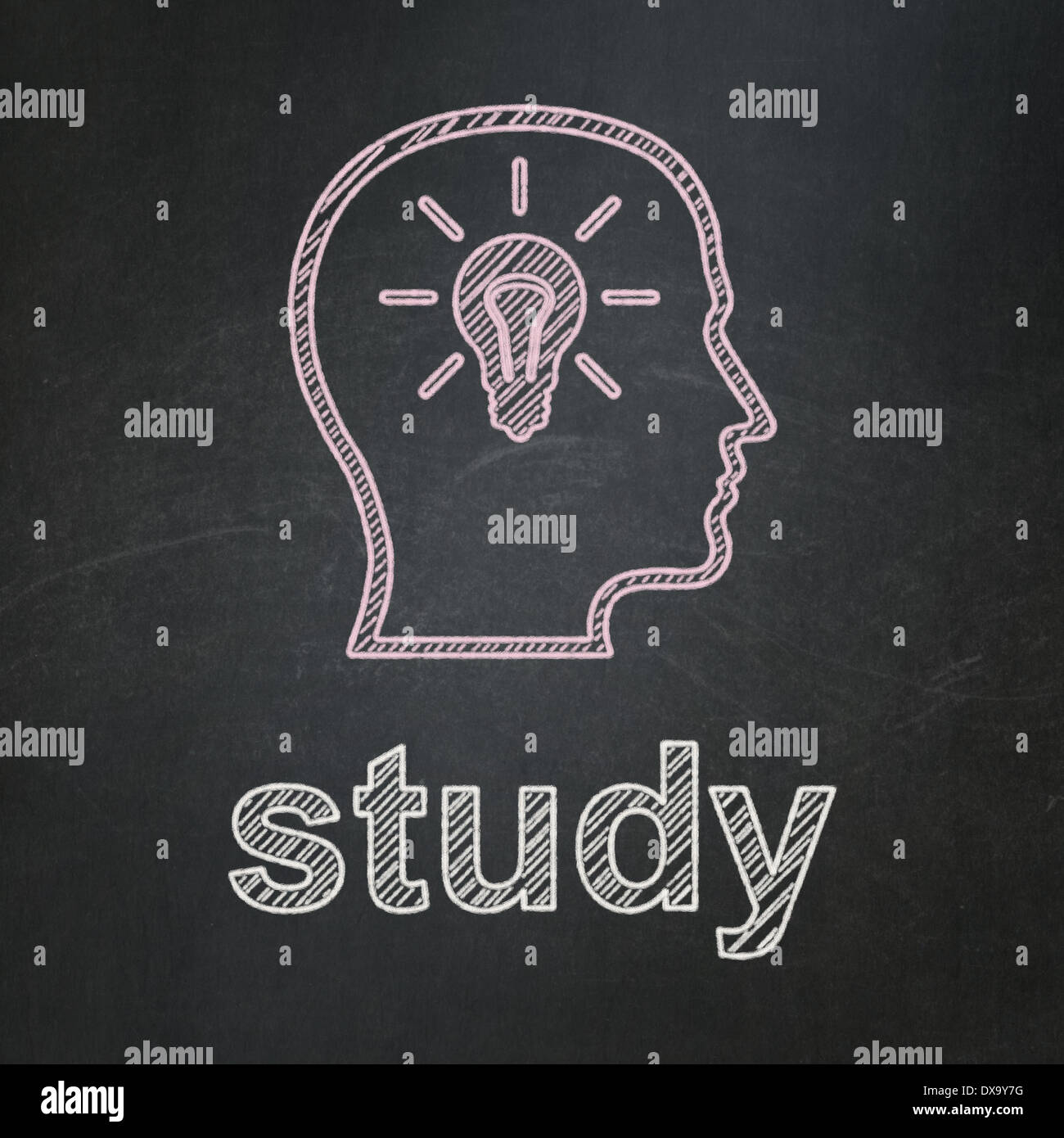 Education concept: Head With Lightbulb and Study on chalkboard ...