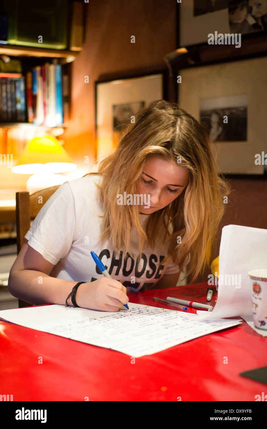 A teenage girl learning verbs doing her GCSE French language school ...