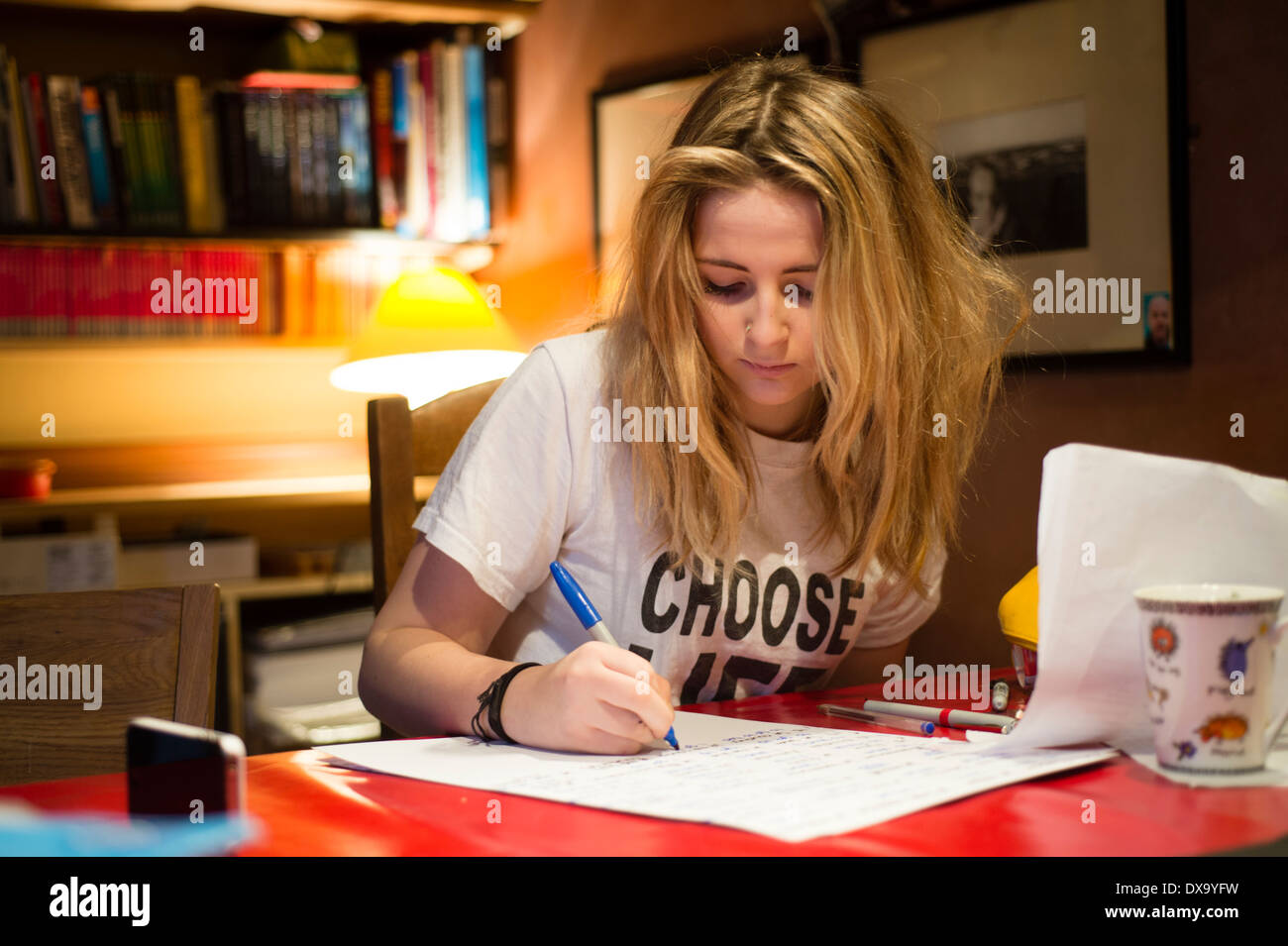A teenage girl learning verbs doing her GCSE French language school ...