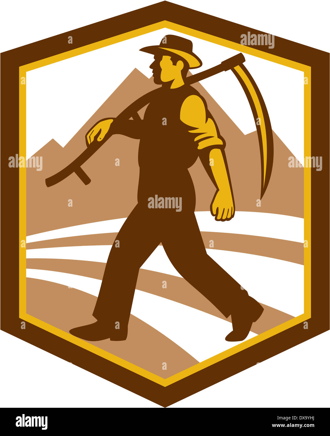 Illustration of a farmer farm worker holding scythe walking facing side ...