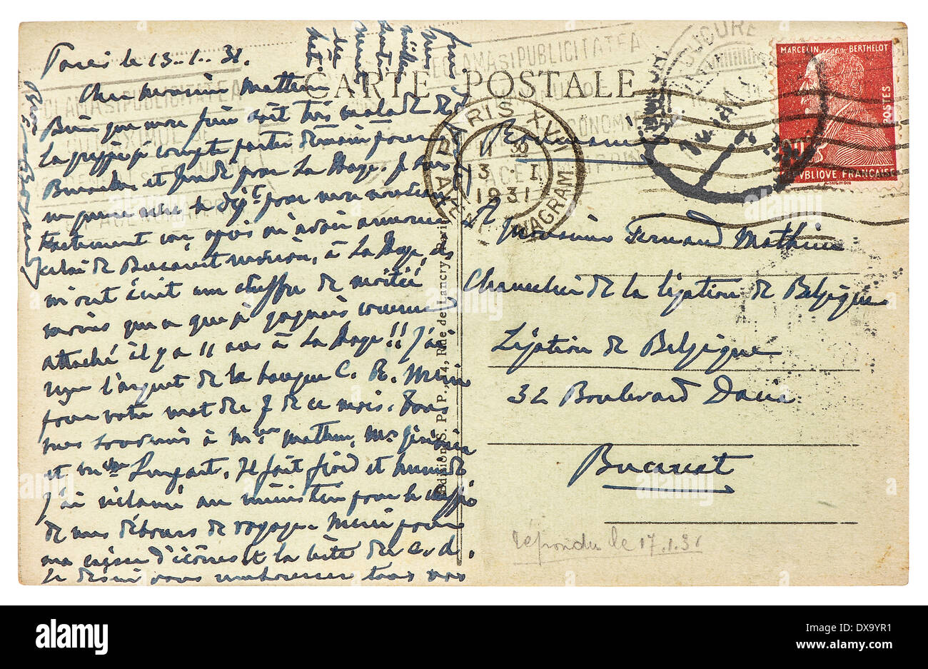FRANCE, PARIS - 1931: old used handwritten postcard letter with ...