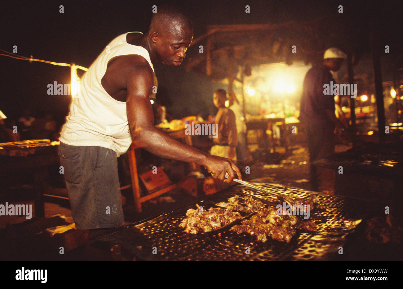 Meat market stall, Yopougon township, across from Abidjan, Ivory Coast ...