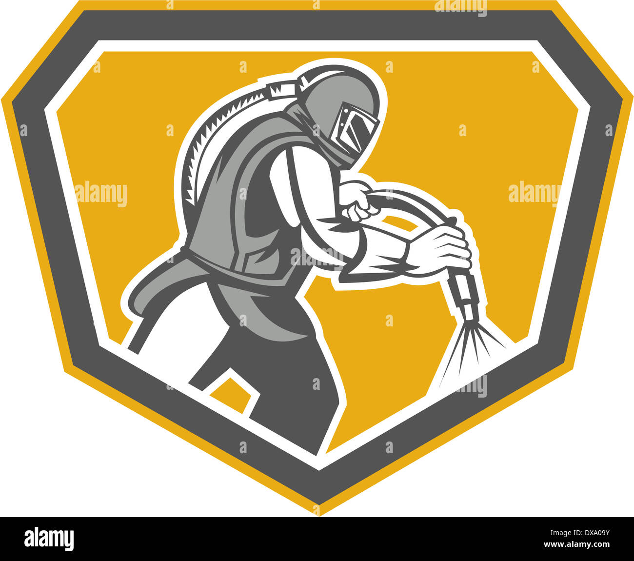 Illustration of a sandblaster worker holding sandblasting hose wearing ...