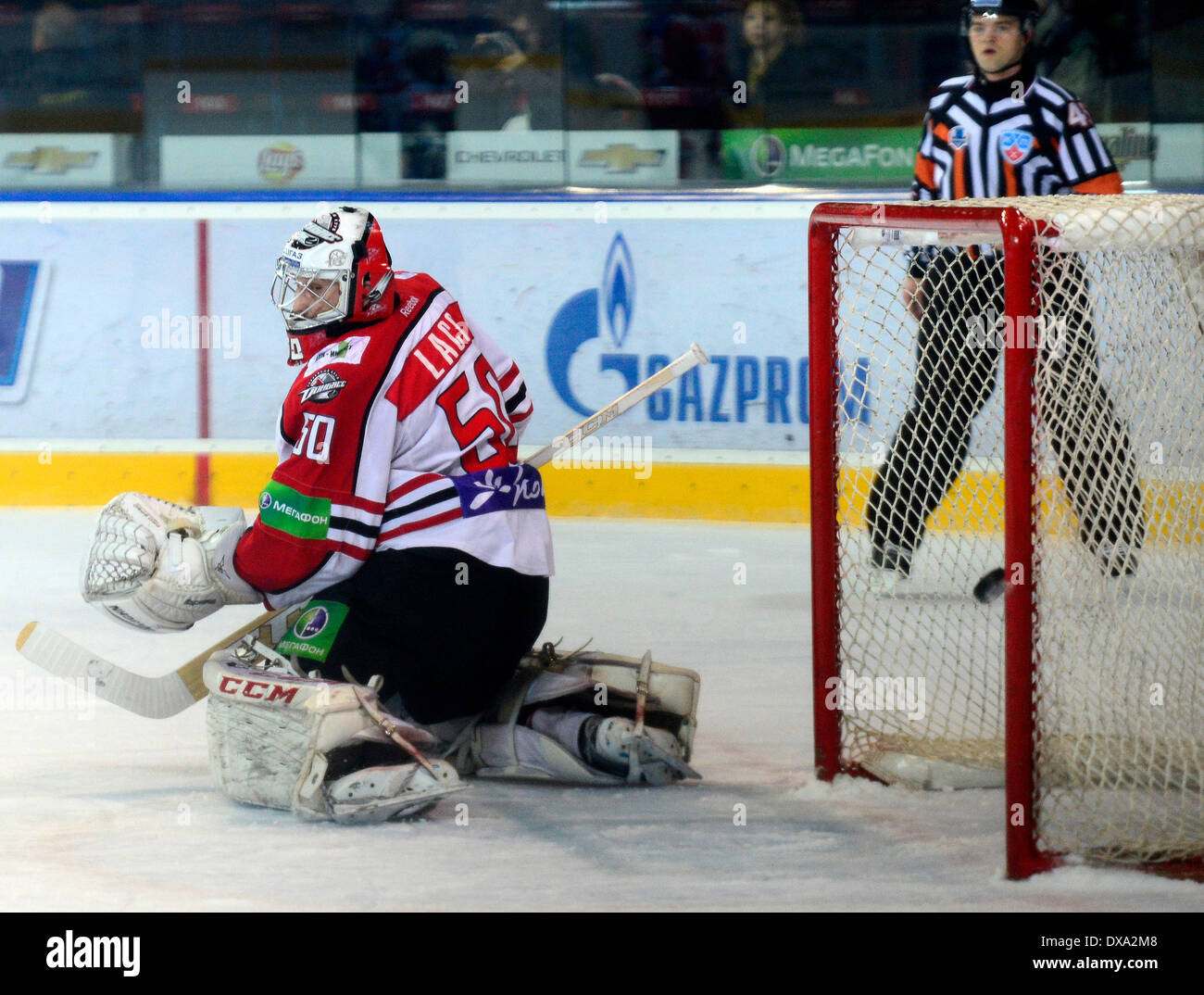 Goalkeeper of Doneck Jan Laco is pictured during the KHL match Lev ...