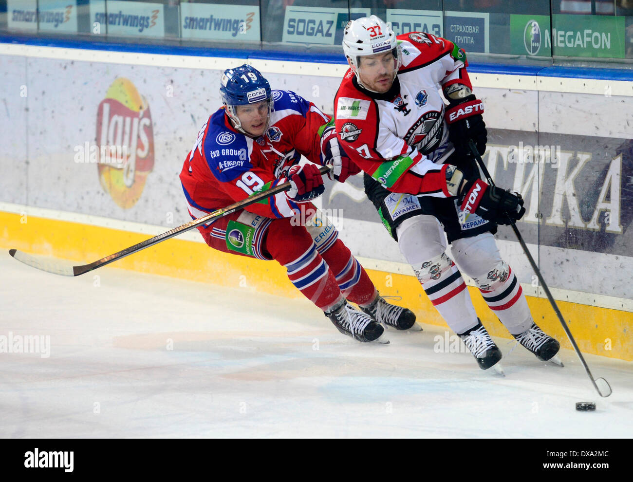 Peter Podhradsky of Lev (left) and Patrik Zackrisson of Doneck are ...