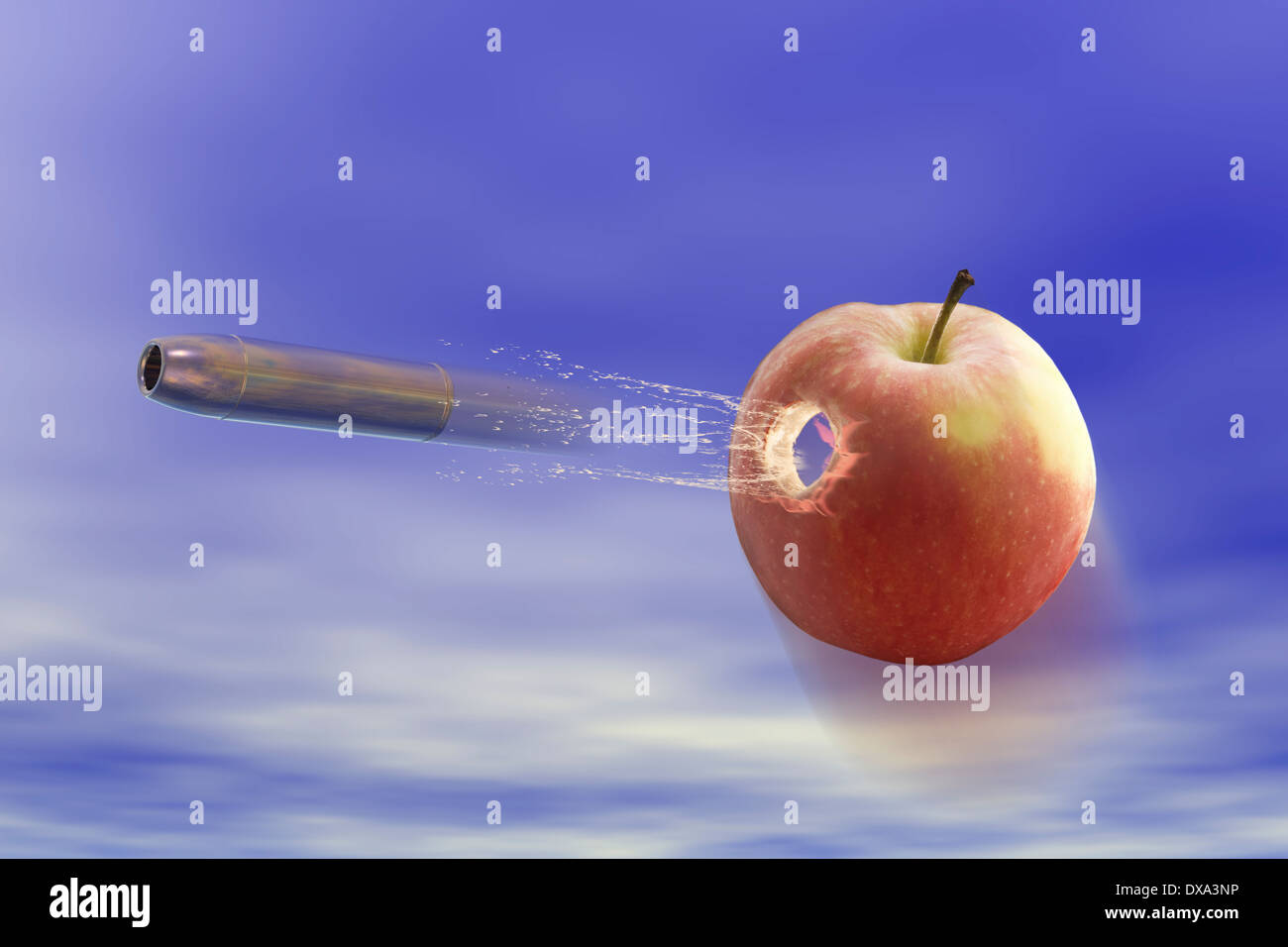 digital visualization: bullet shots through an apple Stock Photo - Alamy