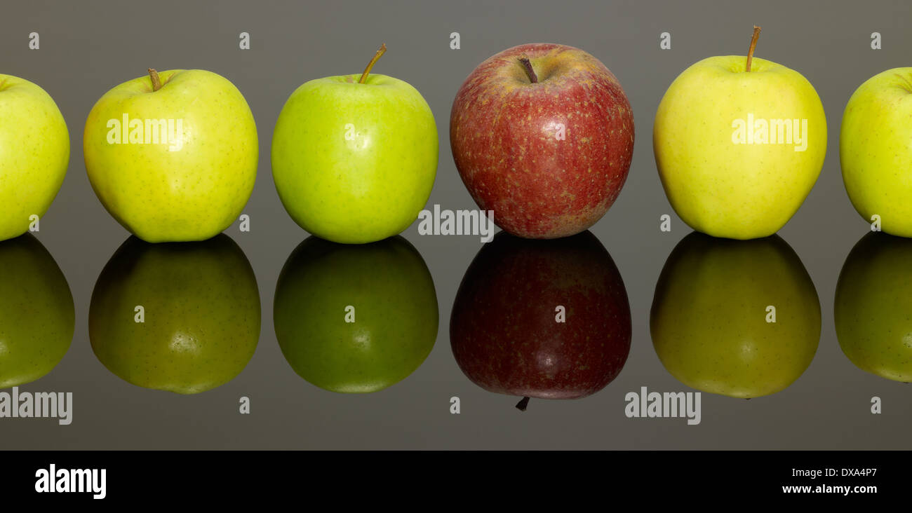 some green apples and a red one in a row on dark reflective ground ...