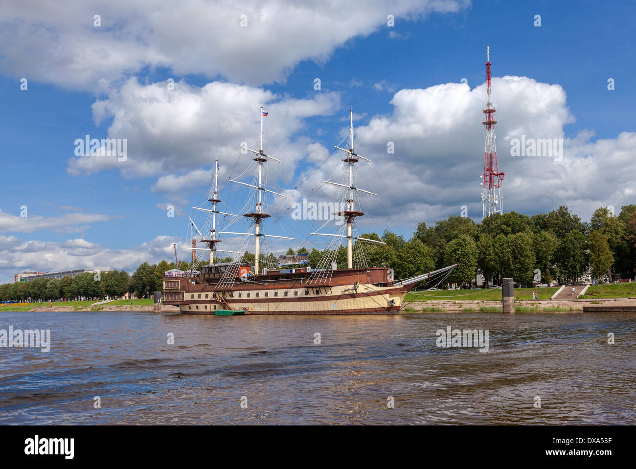 Sailing ship on river Volhov in summer day. Novgorod Veliky is Russian ...