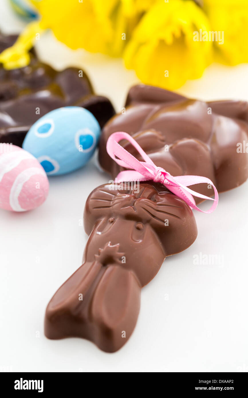 Easter chocolate bunnies made from solid milk and dark chocolate Stock ...