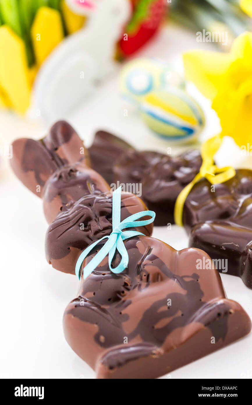 Easter chocolate bunnies made from solid milk and dark chocolate Stock ...