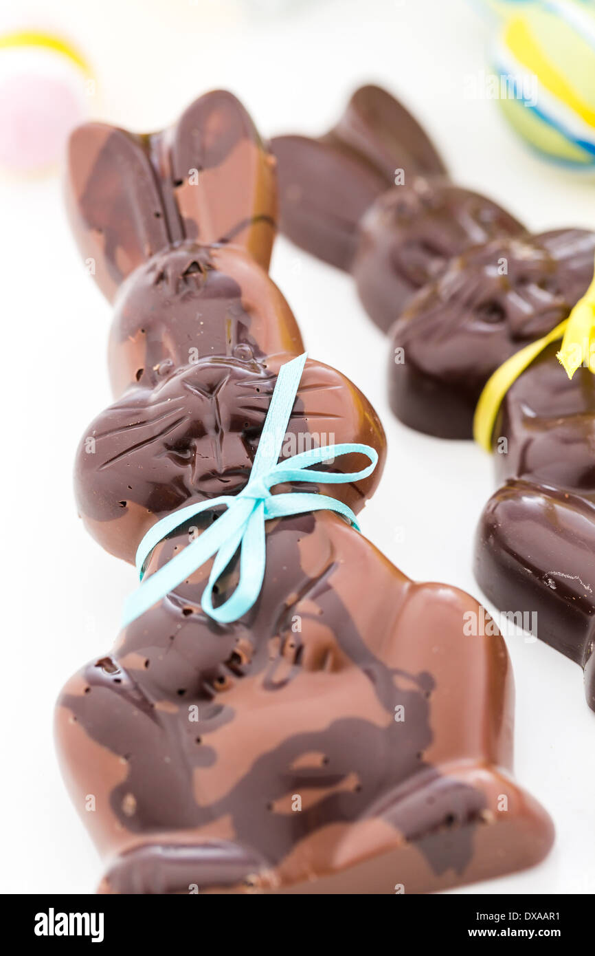 Easter chocolate bunnies made from solid milk and dark chocolate Stock ...